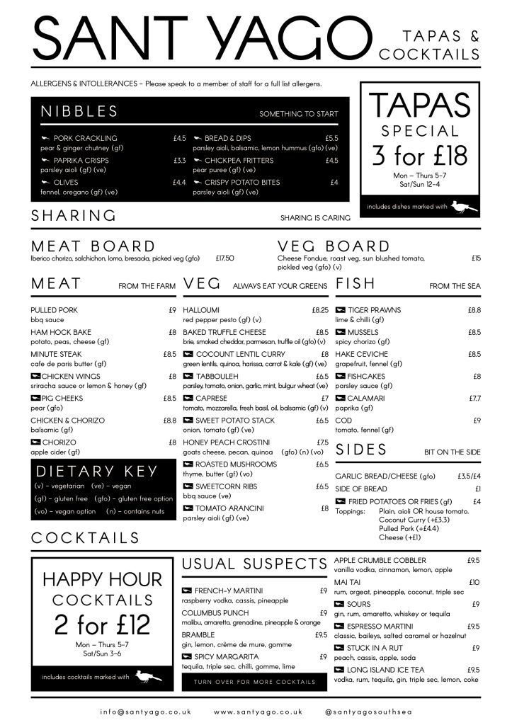 Sant Yano Southsea's Menu - View online or download a copy